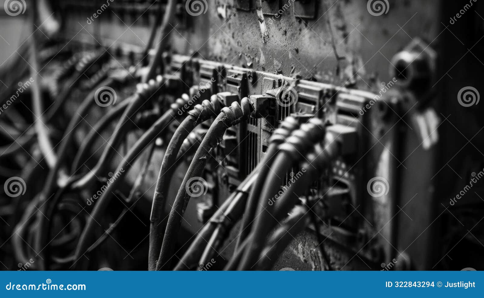 The Twisted and Tangled Wires of an Outdated Control Panel. Black and ...