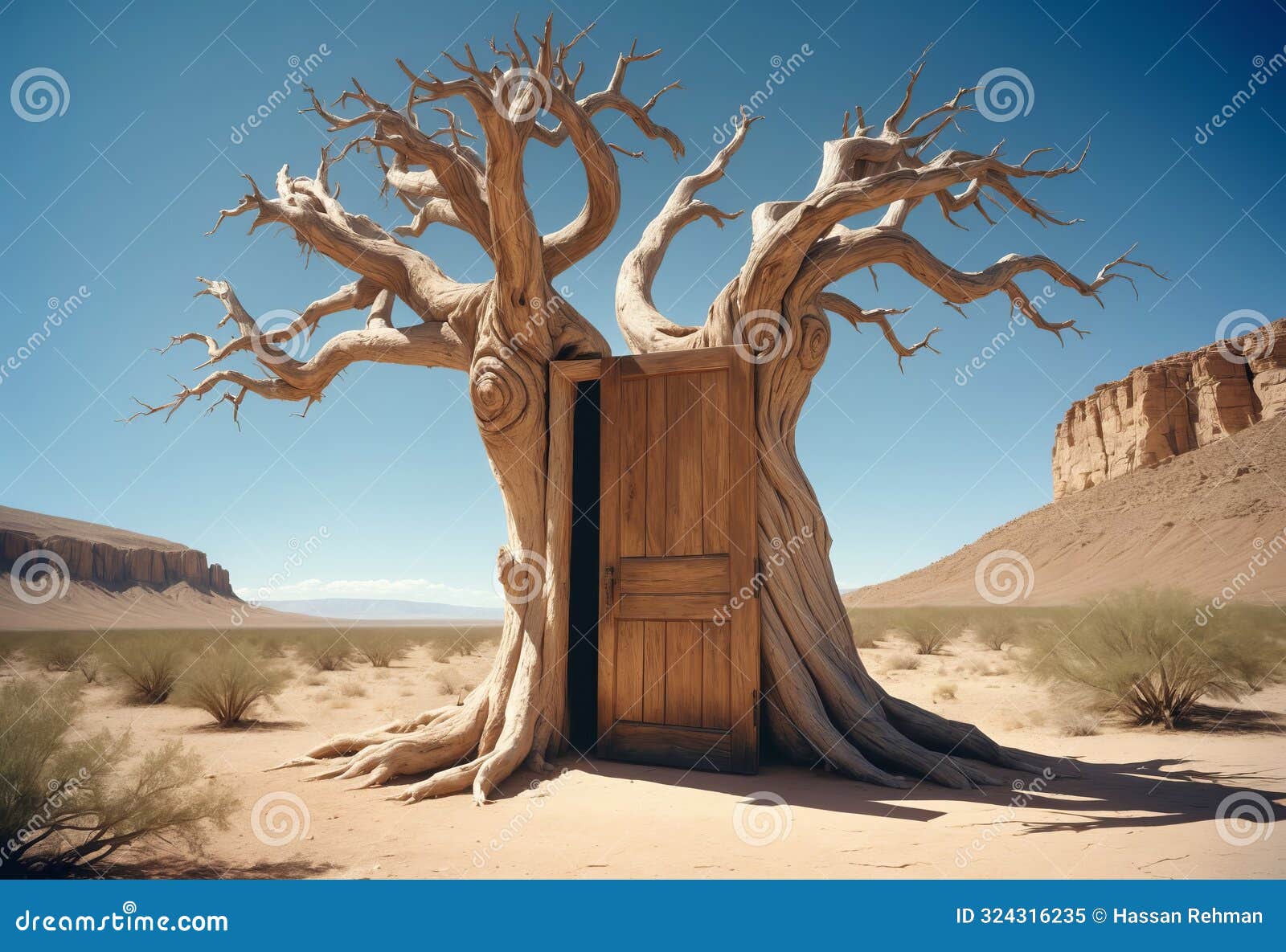 Twisted Tree with Door in Desert Landscape Stock Illustration ...