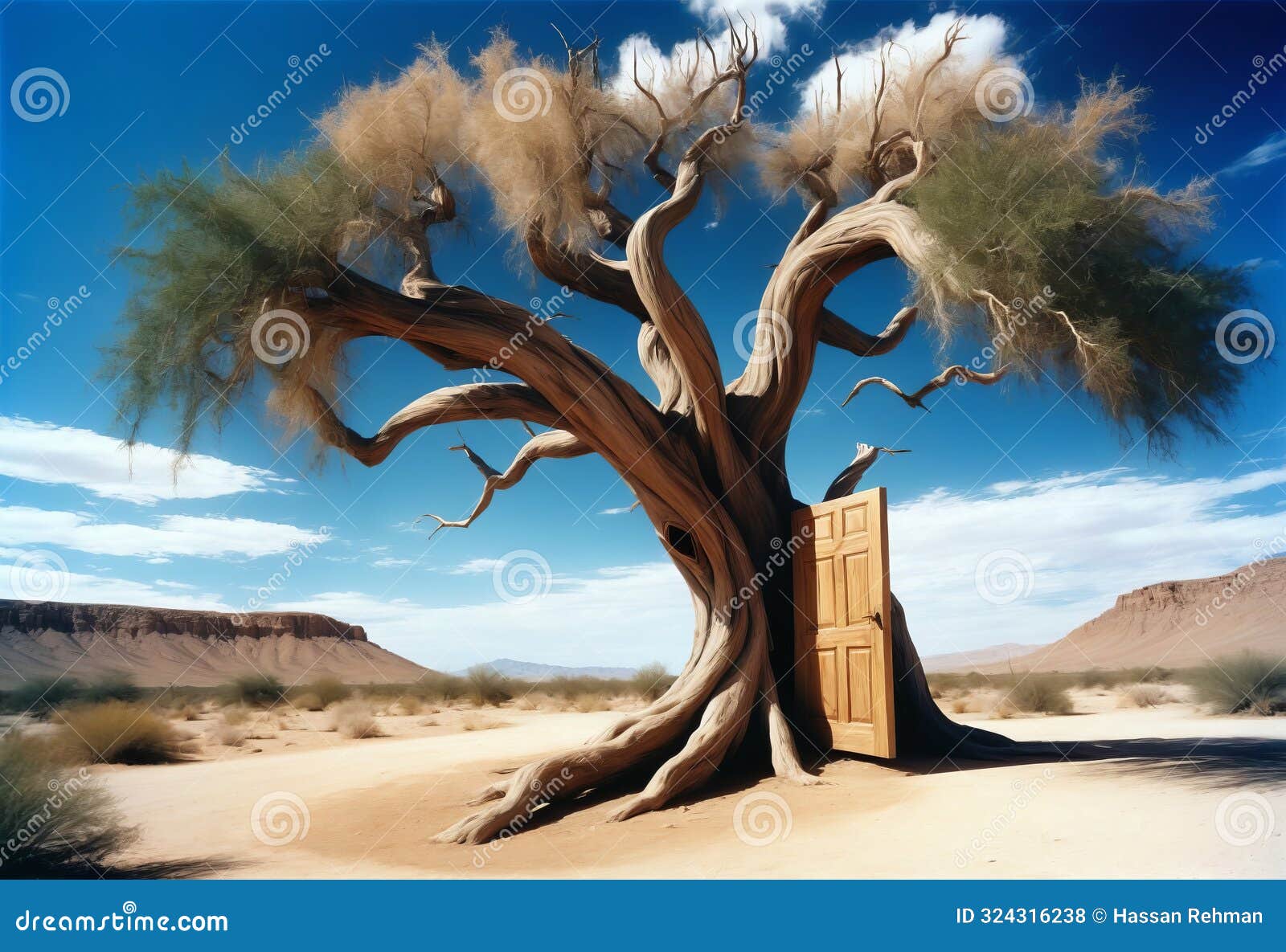 Twisted Tree with Door in Desert Landscape Stock Illustration ...
