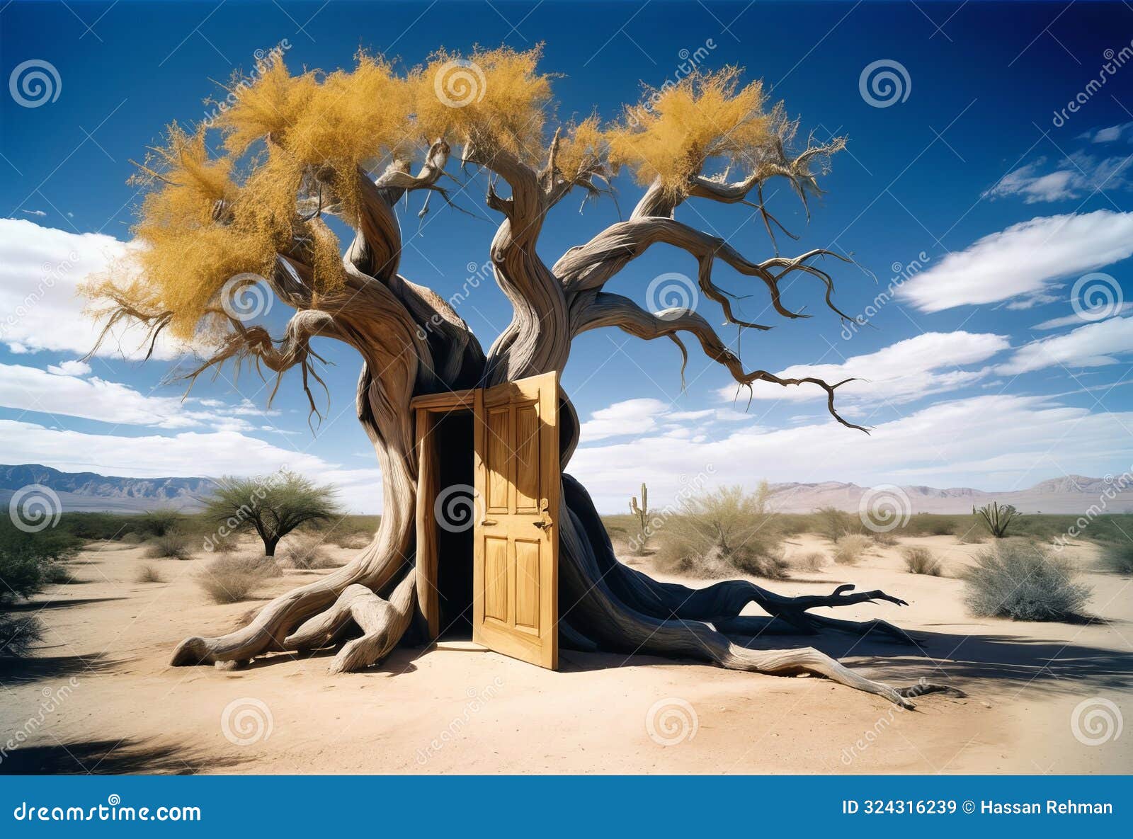Twisted Tree with Door in Desert Landscape Stock Illustration ...