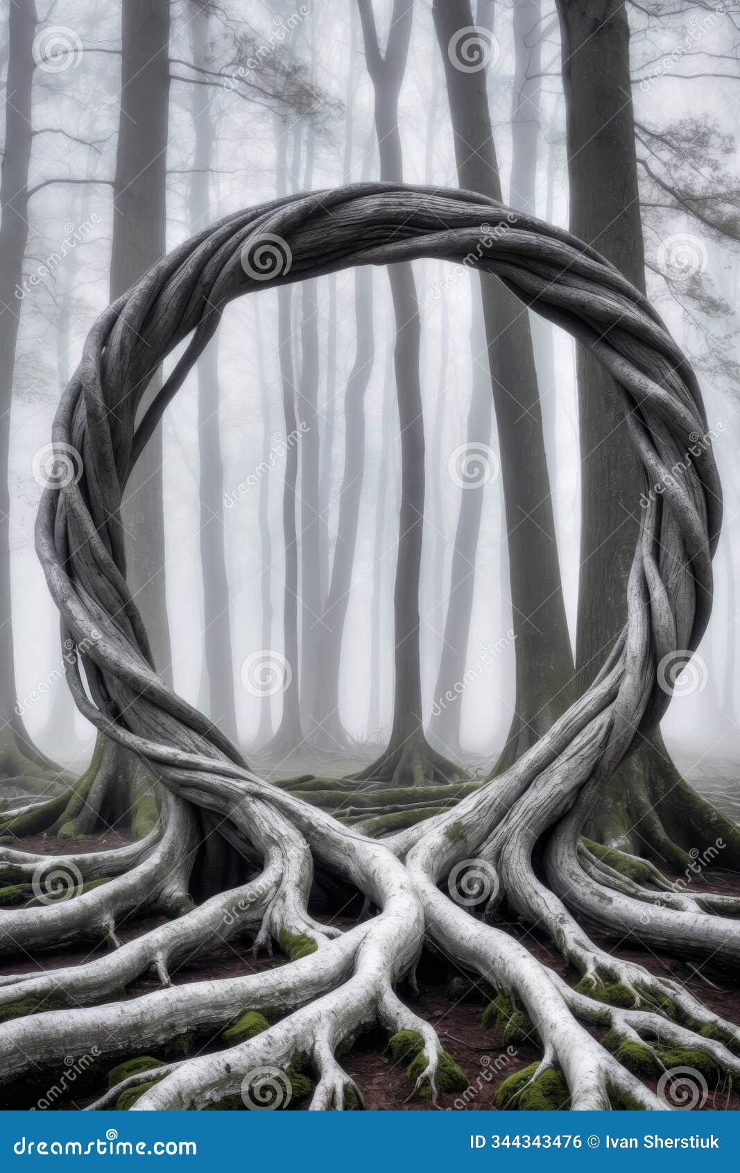 Twisted Tree Roots Forming a Circle in a Foggy Forest. Stock Photo ...