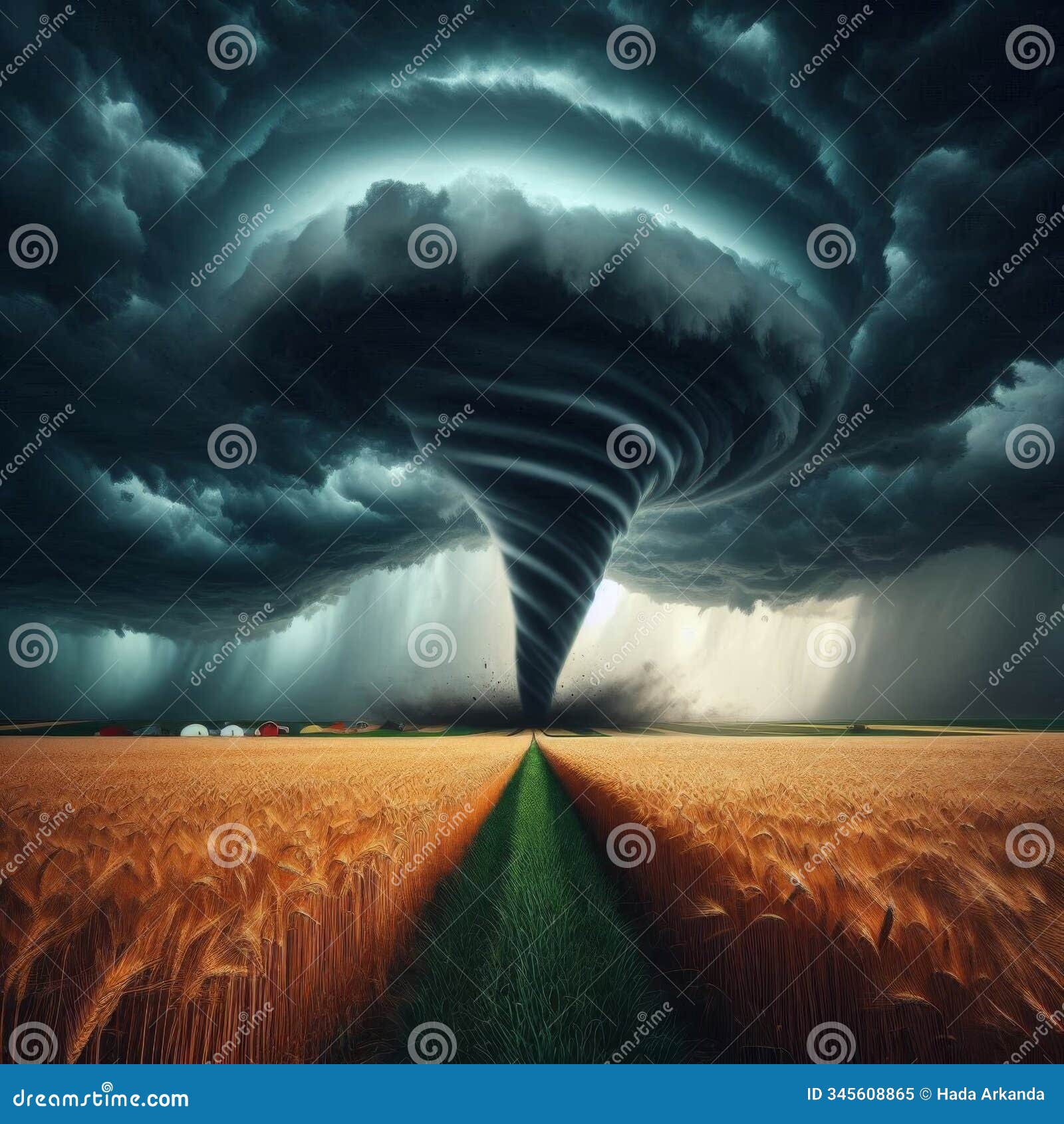 Twister in a Field Under Dark Clouds and Stormy Sky Stock Illustration ...
