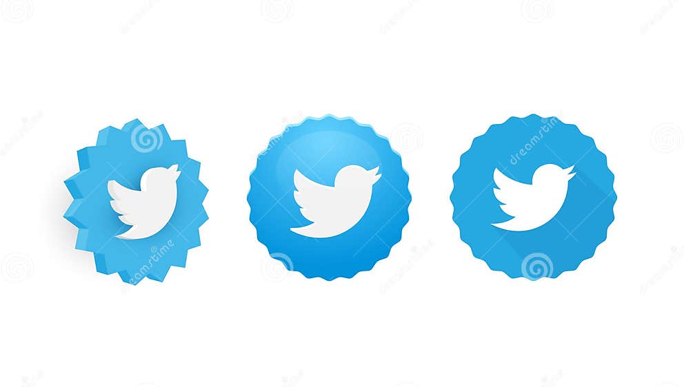 Twitter Bird Logotype on the Blue Chip for Verified Users. Set of 3D ...
