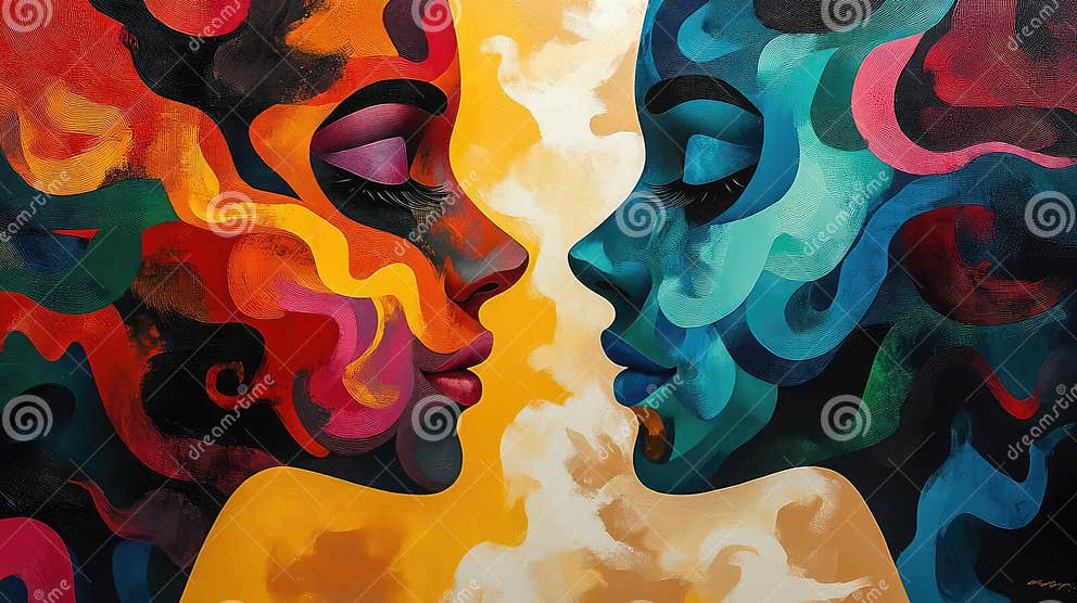Two Abstract Faces Communicating through Vibrant Colors and Shapes ...