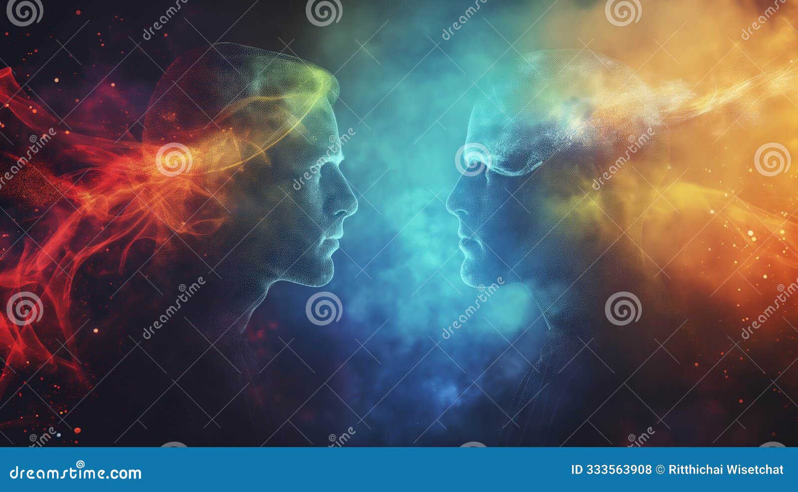 Two Abstract Faces Facing Each Other, Blending into a Colorful ...