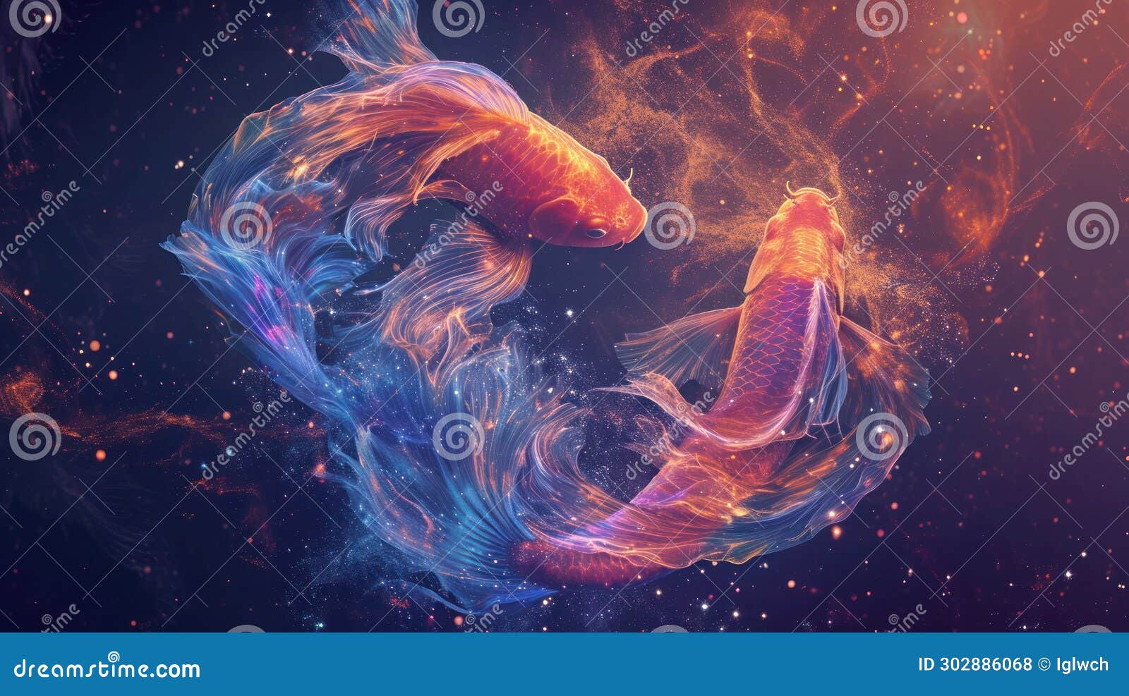 Two Abstract Fish Intertwined in a Dynamic, Watery Light Composition on ...