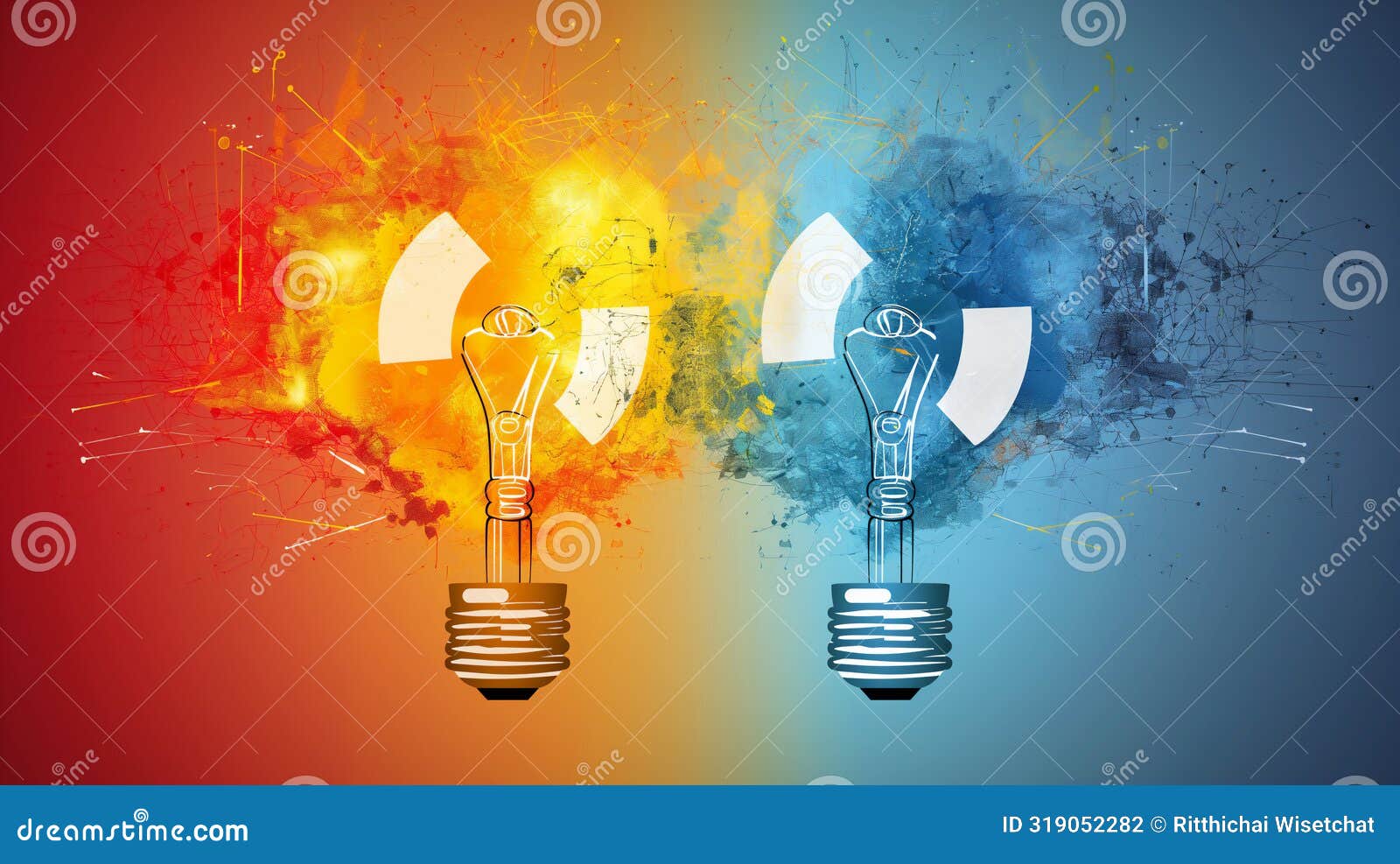 Two Abstract Lightbulbs on a Split Background of Red and Blue with ...