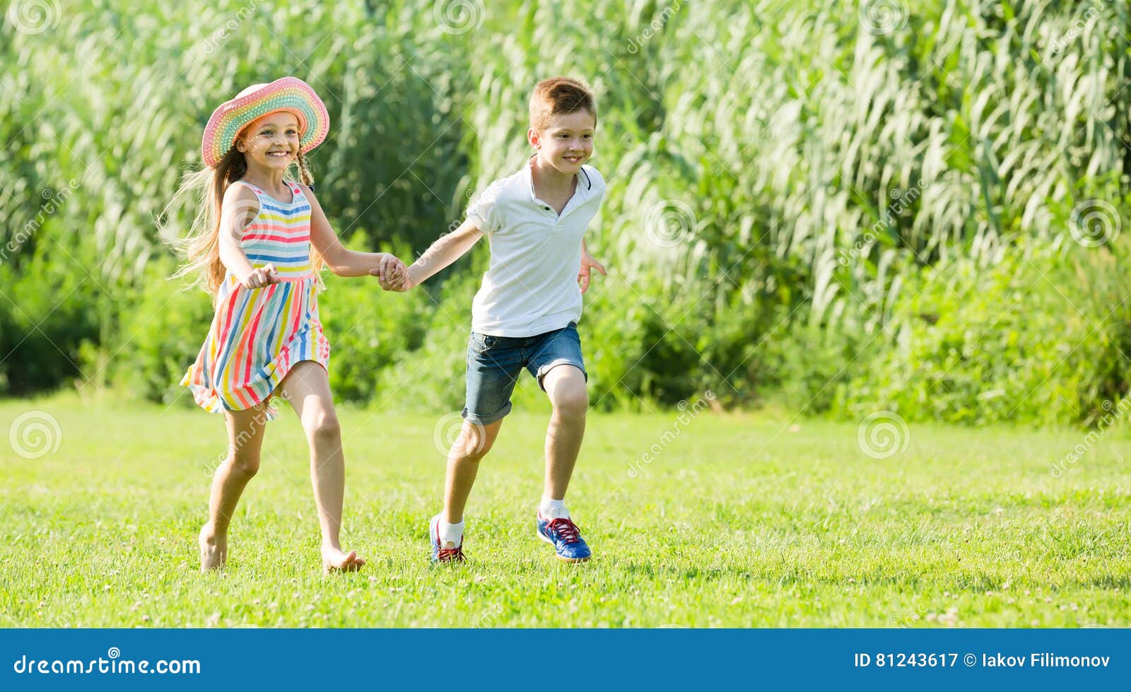 Two Admiring Children Active Playing and Running Outdoors Stock Image ...