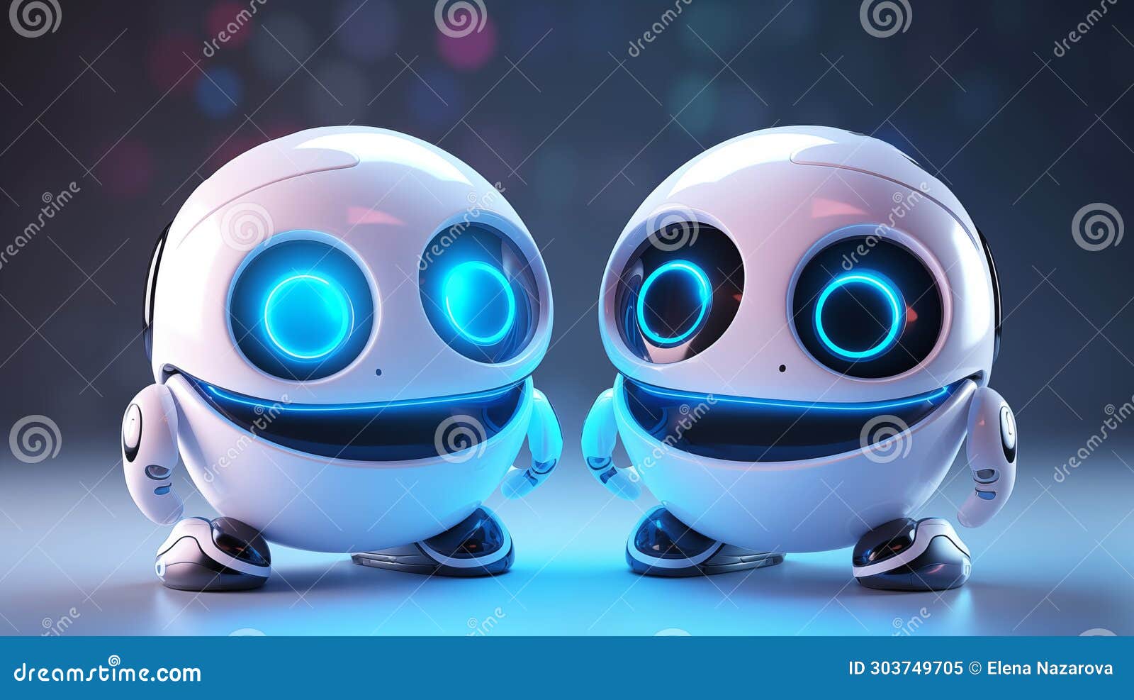 Two Adorable Friendly Robots with Large Expressive Eyes on a Blue ...