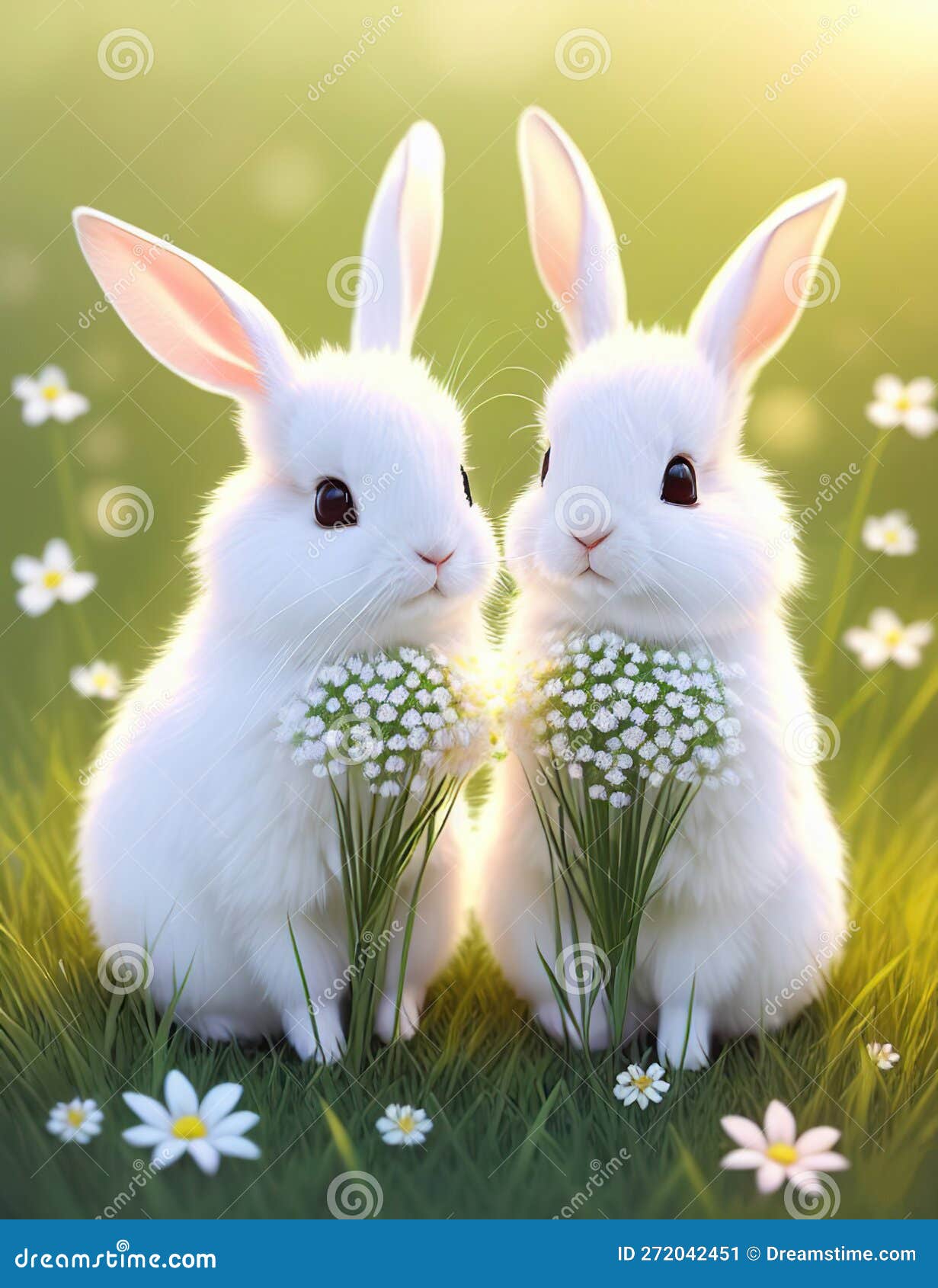 Two Adorable White Rabbit with Spring Flowers Stock Illustration ...