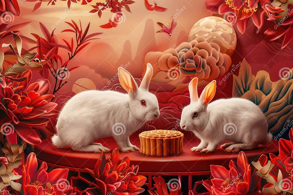 Two Adorable White Rabbits Sit on a Bright Red Table, Ready for ...