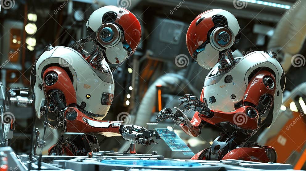 Two Advanced Robots Collaborating on a Futuristic Interface Display Stock Illustration ...