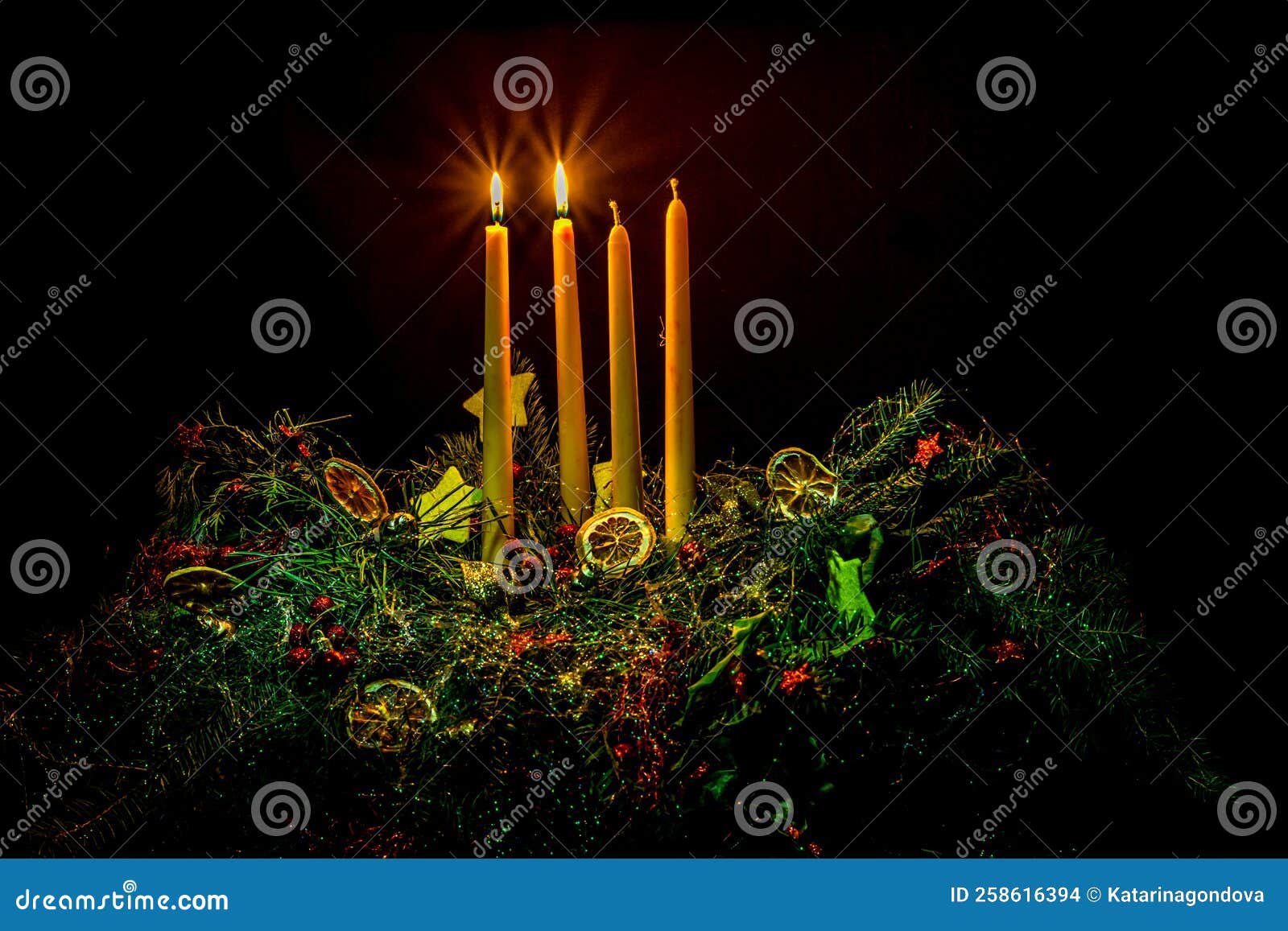 Two Advent Candles Burning on Advent Wreaths Stock Photo - Image of ...