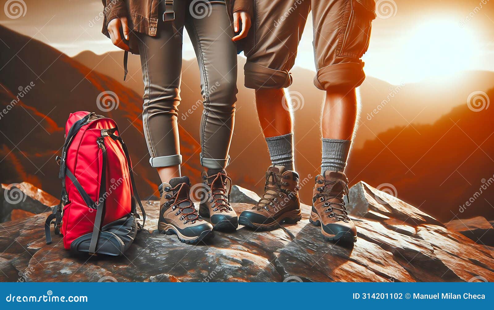 Two Adventurers Standing on a Cliff Edge with Hiking Boots, Facing a ...