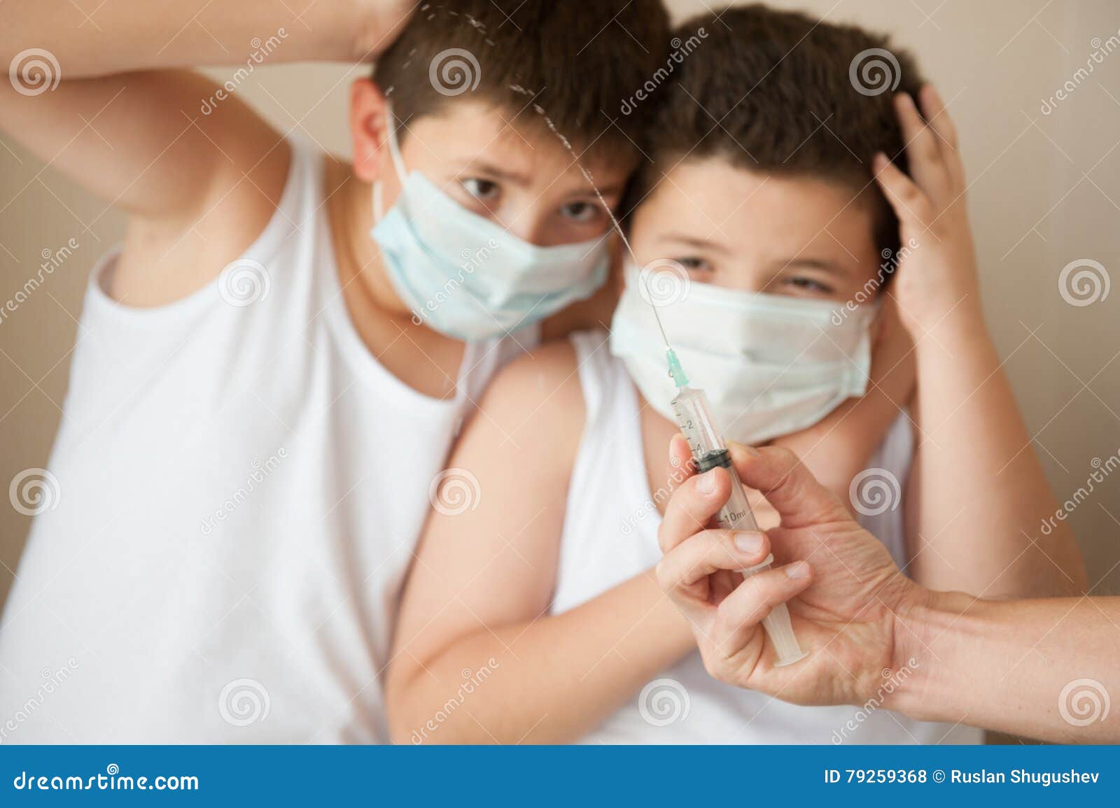 Two Afraid Boys in Medical Mask Looking at Hand with Syringe Stock ...