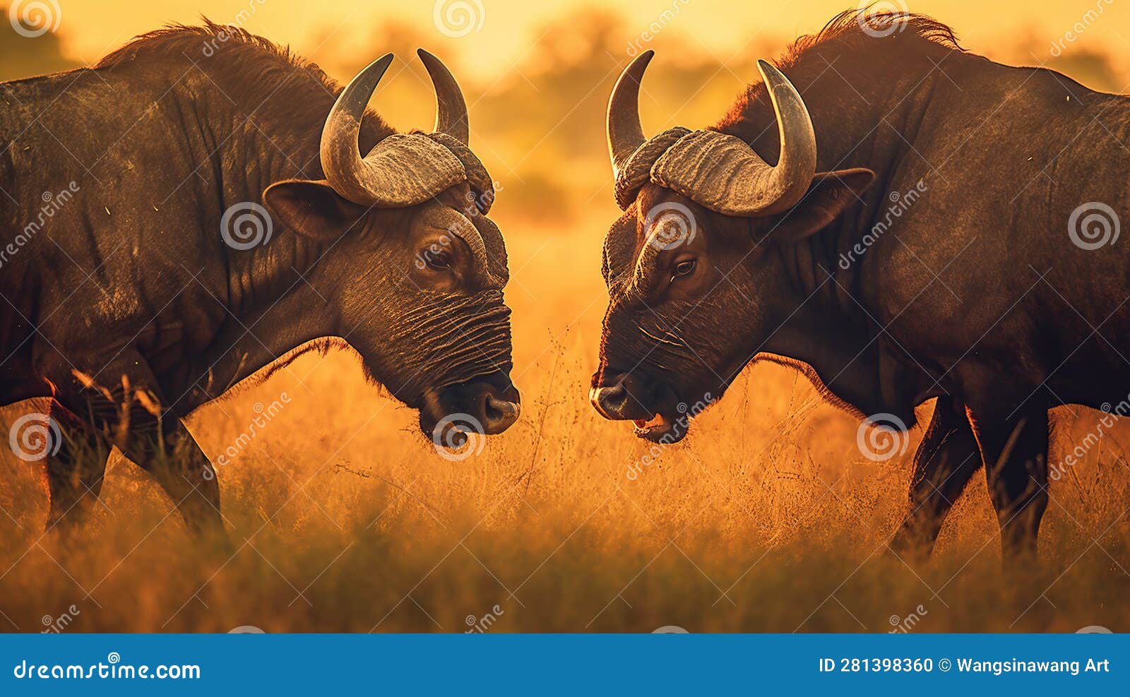 Two African Cape Buffalo Locking Horns In The Golden Hour. Two African ...