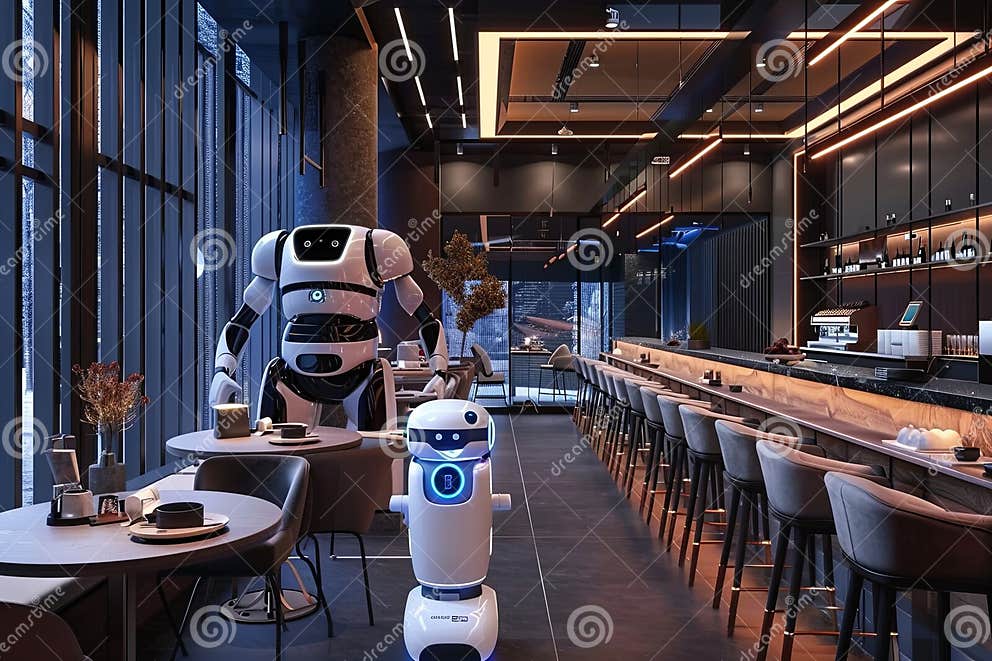 Two AI-powered Robots Serving Customers in a Modern Restaurant Setting ...