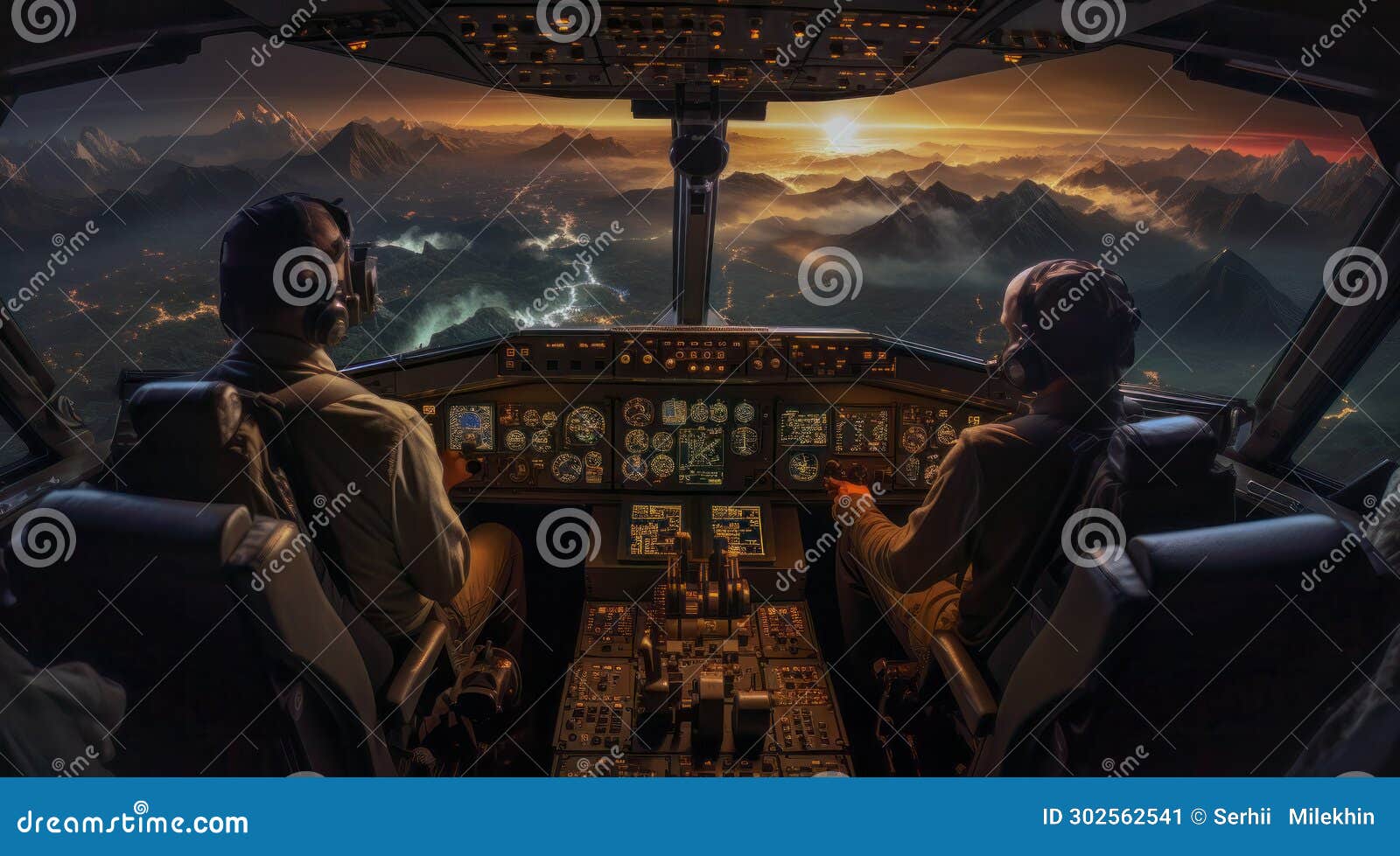 Two Airplane Pilots are Working with Their Computer in a Cockpit, in ...