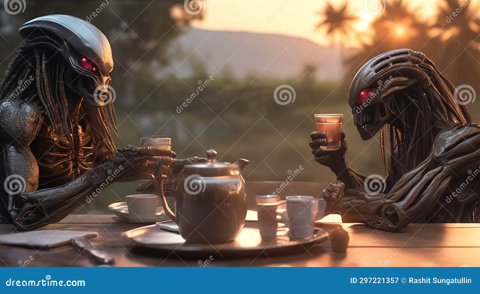 Two aliens drinking tea stock illustration. Illustration of dawn ...