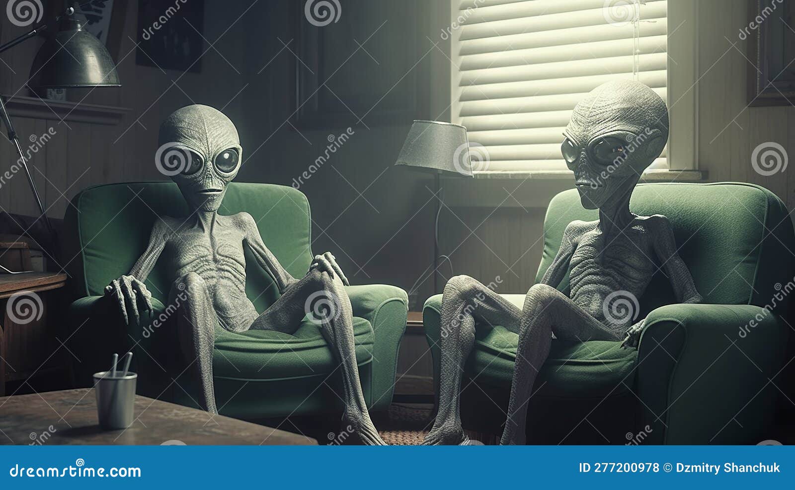 Two Aliens Sitting on Chairs Generative AI Stock Illustration ...