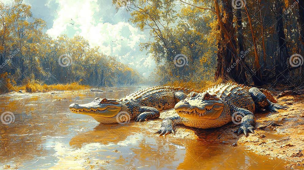 Two Alligators Resting in a River Stock Illustration - Illustration of ...