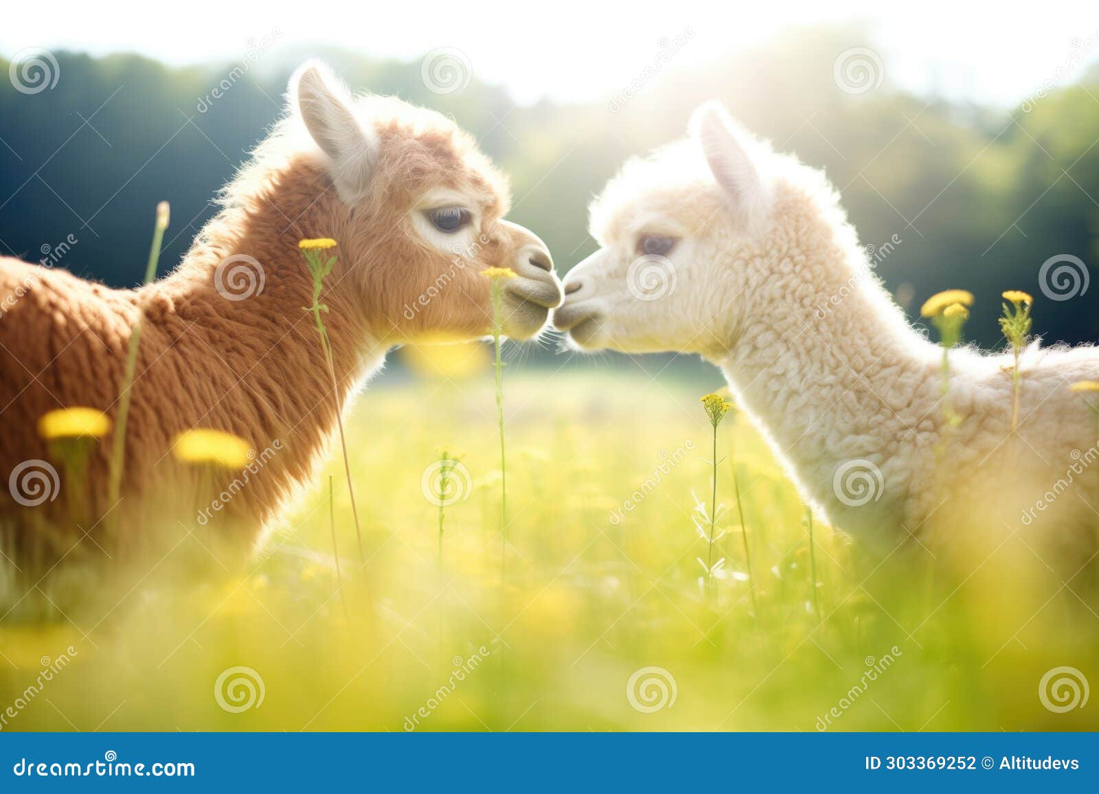Two Alpacas Touching Noses in Sunny Meadow Stock Photo - Image of ...