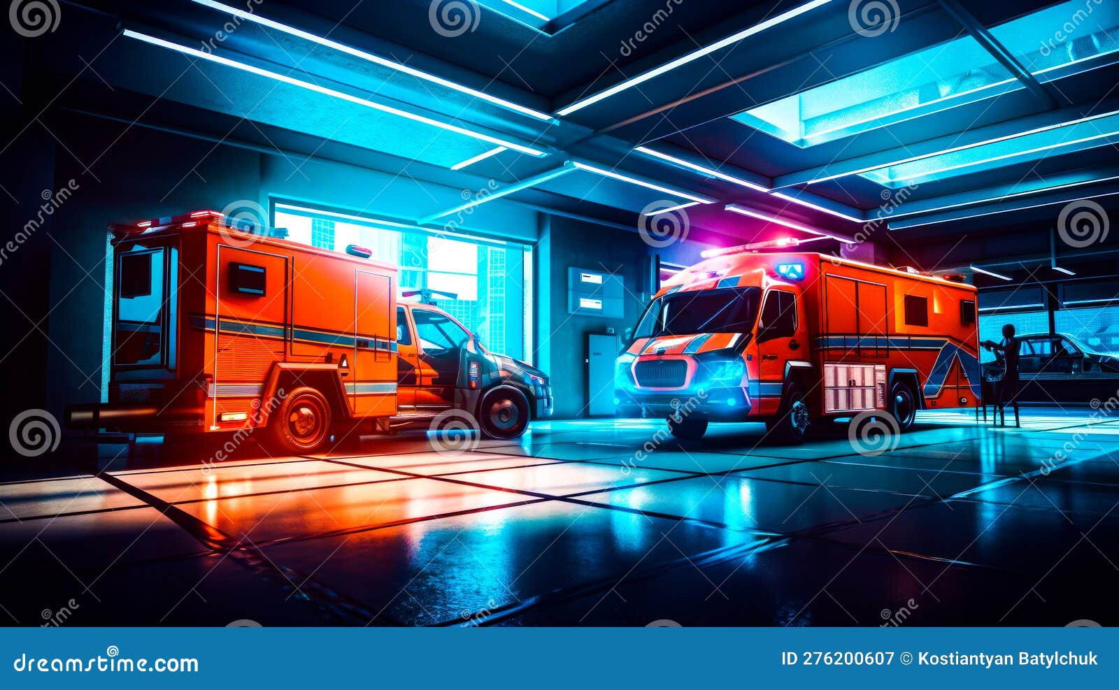 Two Ambulances Parked in Parking Garage with Bright Lights on the ...