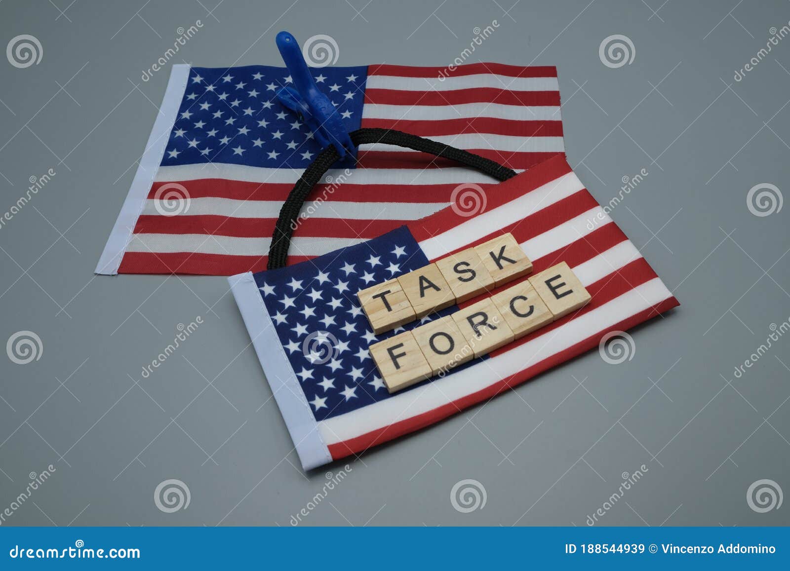 Two American Flag ,a Blue Plier, with Written Task Force Stock Image ...