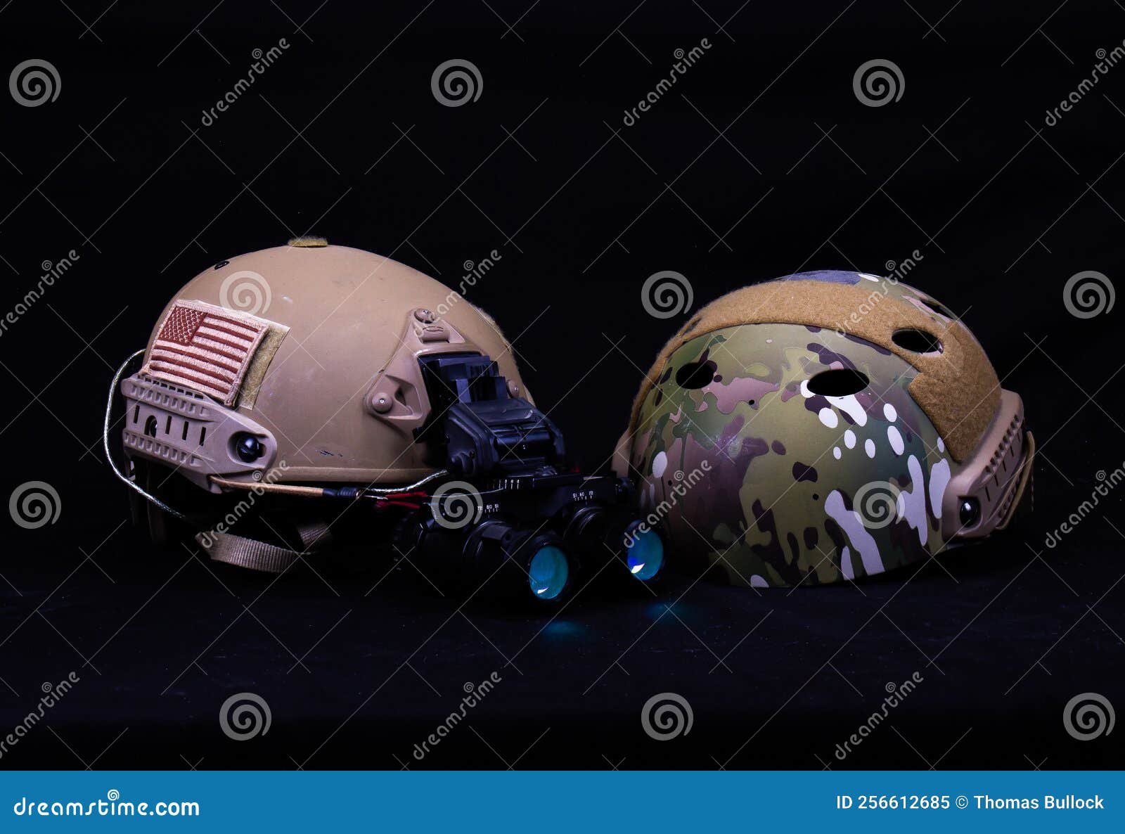 Two American Military Helmets, One with Night Vision Stock Image ...