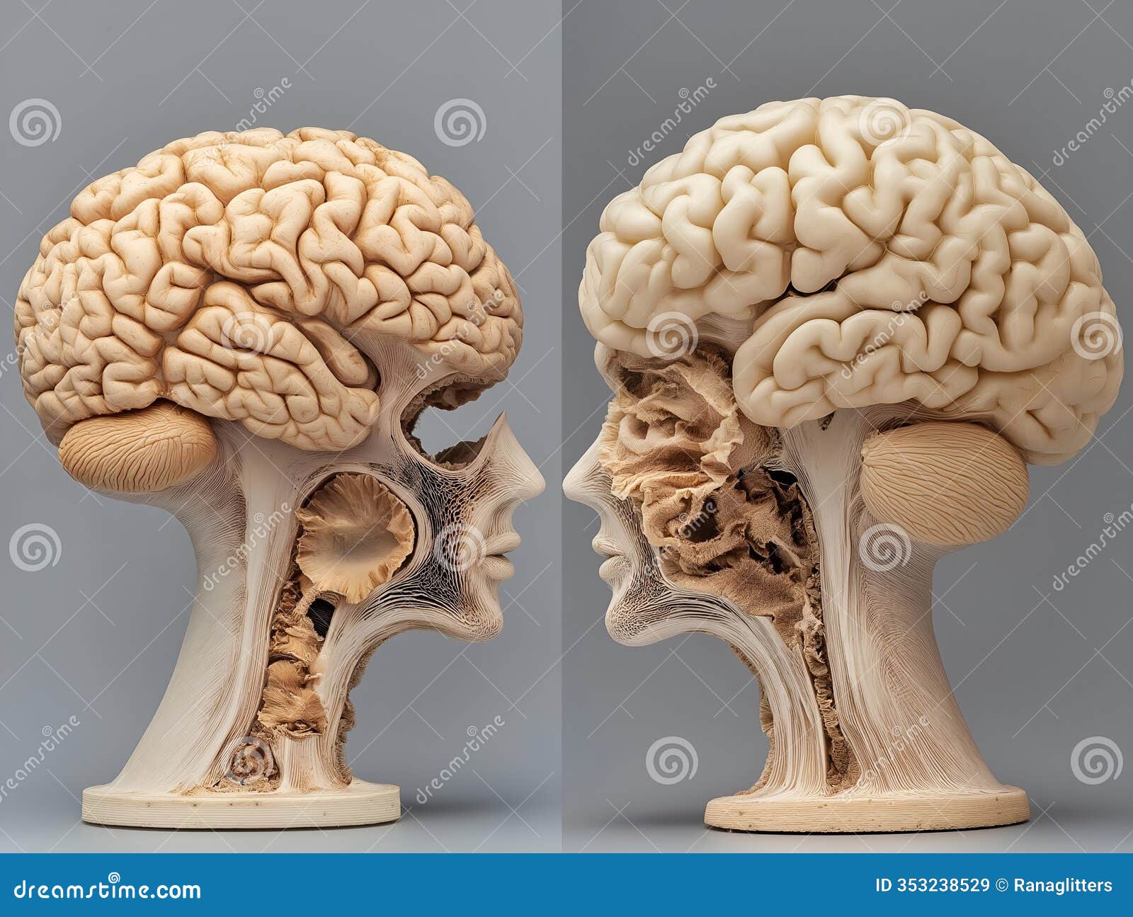 Two Anatomical Brain Models Facing Each Other, Showcasing Internal ...