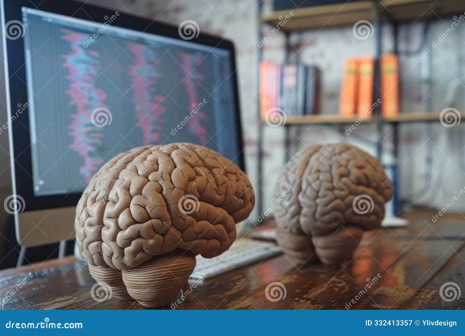 Two Anatomical Brain Models Sitting on Desk with Computer Stock Image ...