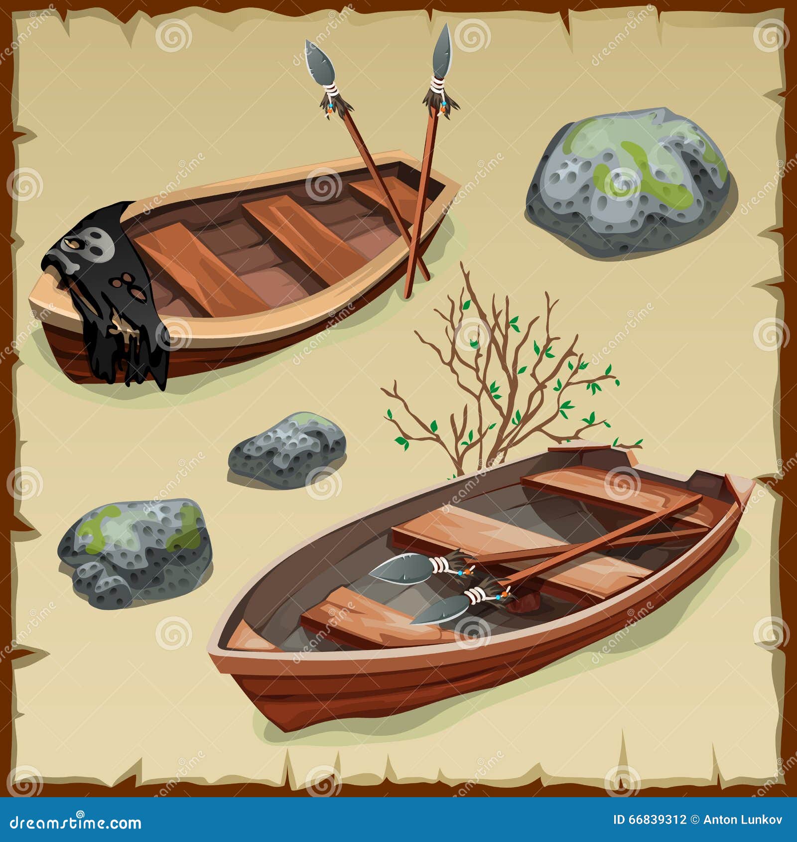 Two Ancient Pirate Boats on Land Stock Vector - Illustration of rowing ...