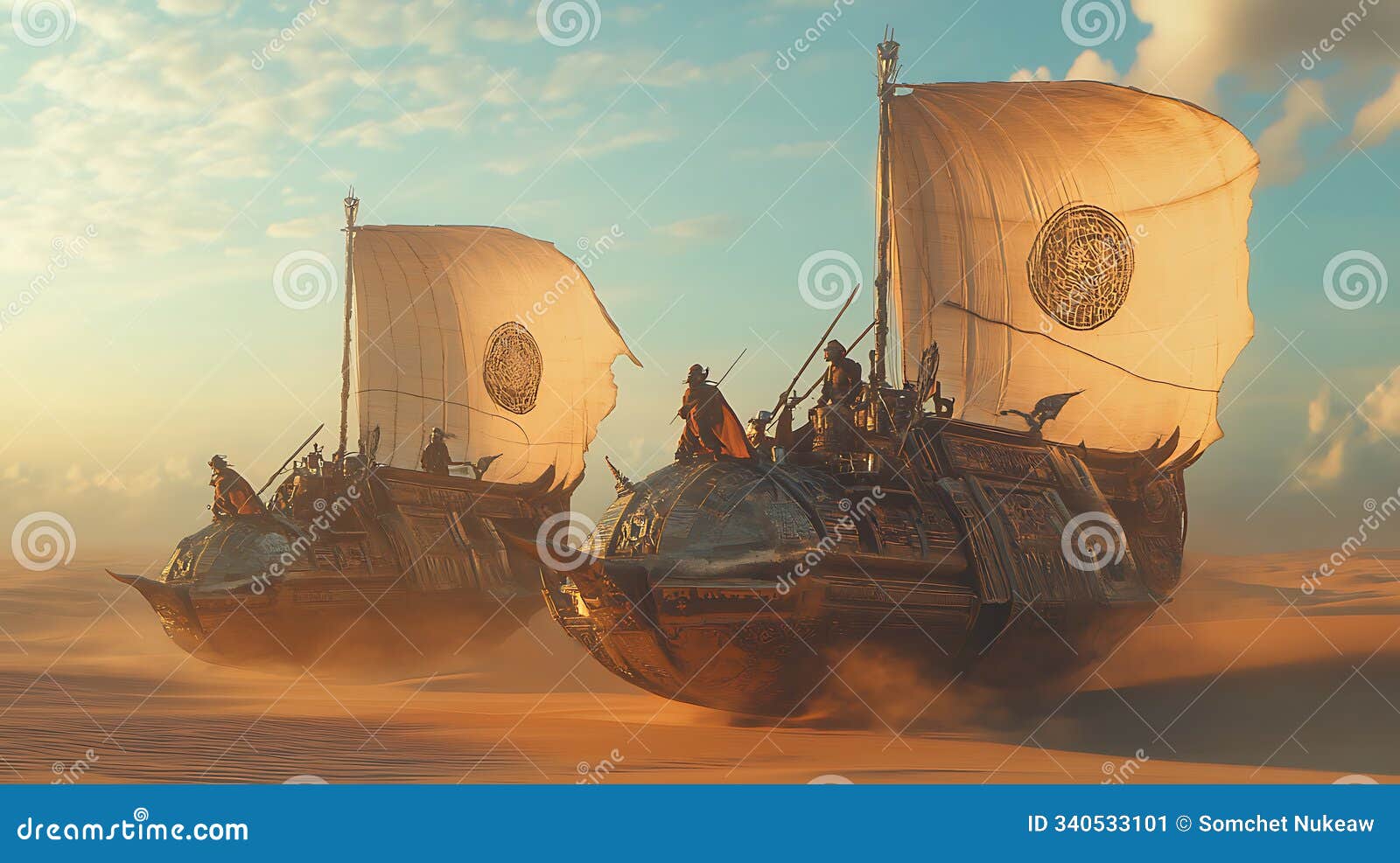 Two Ancient Ships Sailing through a Desert Landscape Stock Illustration ...