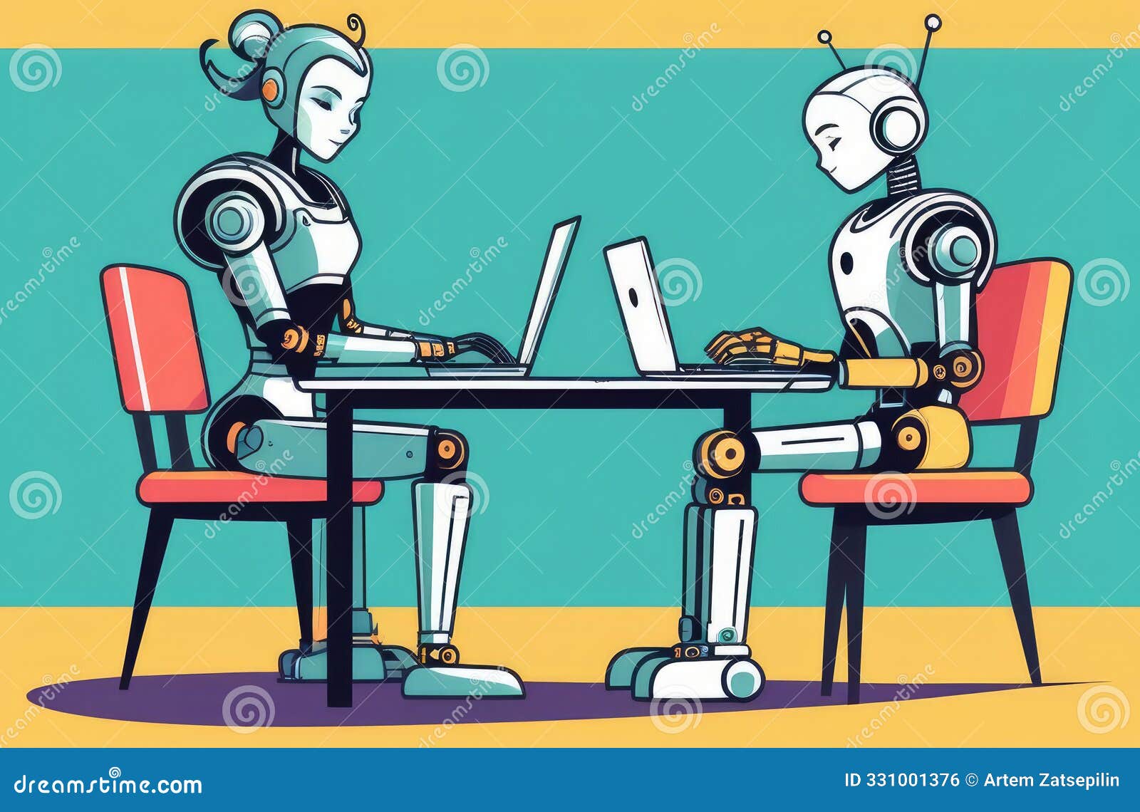 Two Android Robots Sitting at Cafe Table Coding on Laptops, Futuristic ...