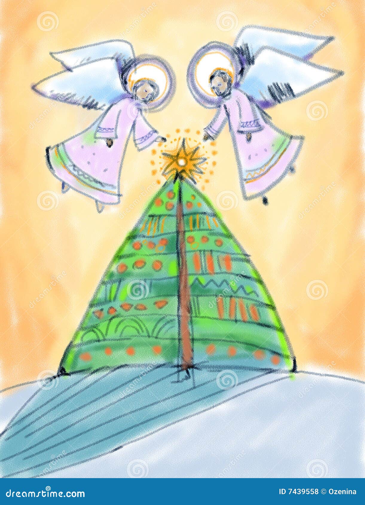 Two Angels and Christmas Tree. Stock Illustration - Illustration of ...