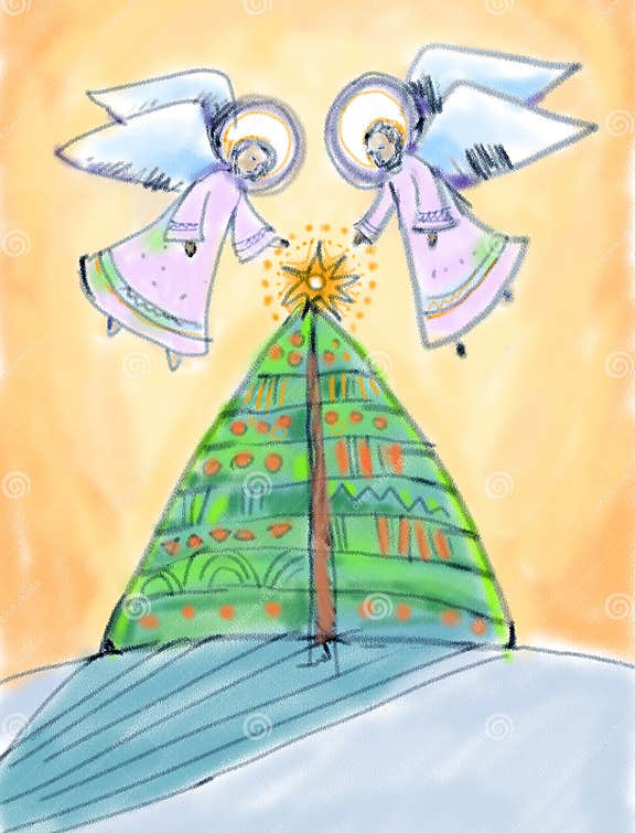 Two Angels and Christmas Tree. Stock Illustration - Illustration of ...