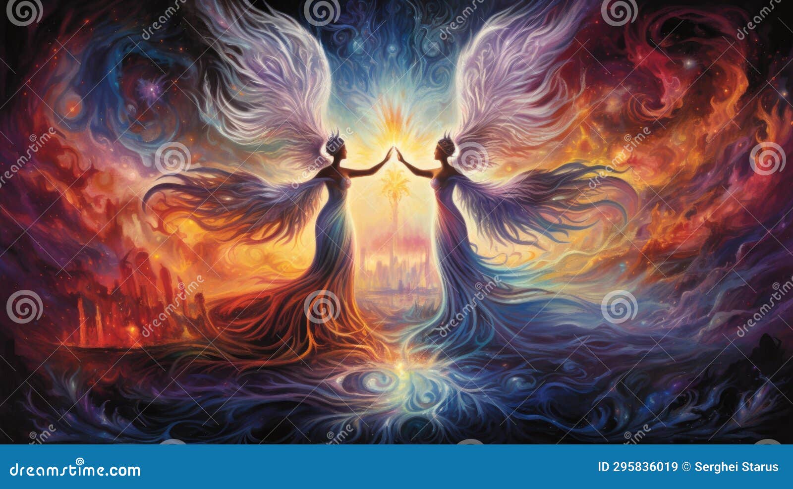 Two Angels with Wings and Fire in the Background, AI Stock Image ...