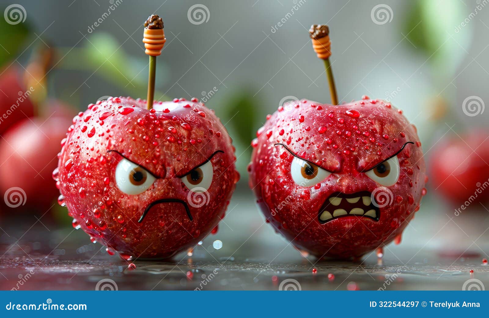 Two Angry Apples with Red Faces and Red Stems. the Apples are Sitting ...