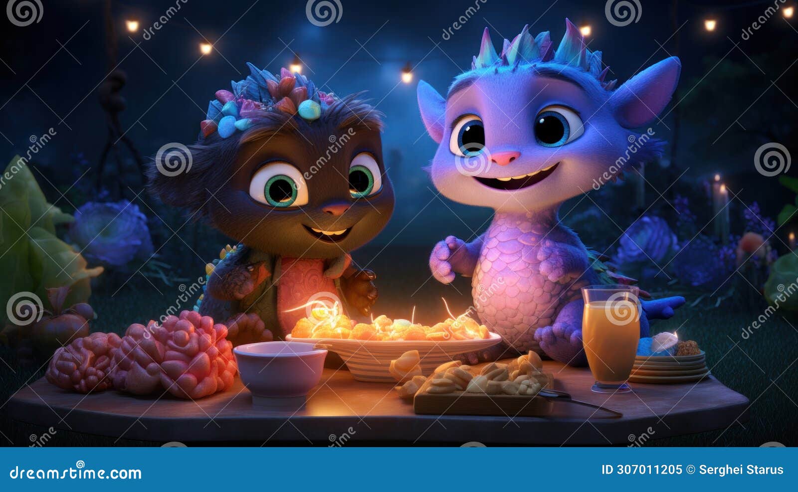 Two Animated Characters Sitting at a Table with Food and Drinks, AI ...