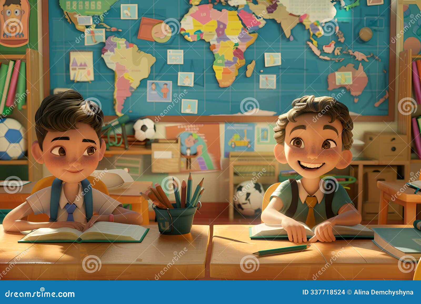 Two Animated Students Studying in a Classroom with a World Map and ...