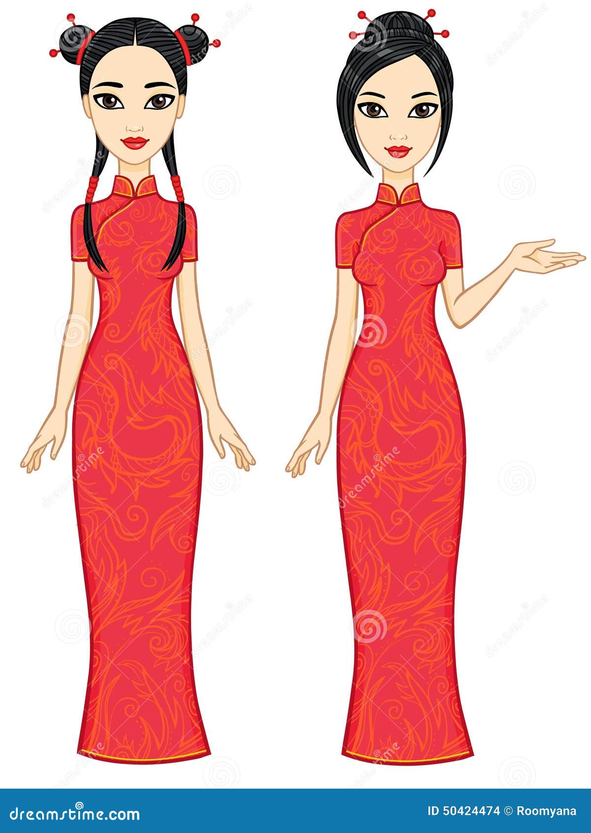 The Animation Asian Girl In A Traditional Dress On A Mountain Landscape ...