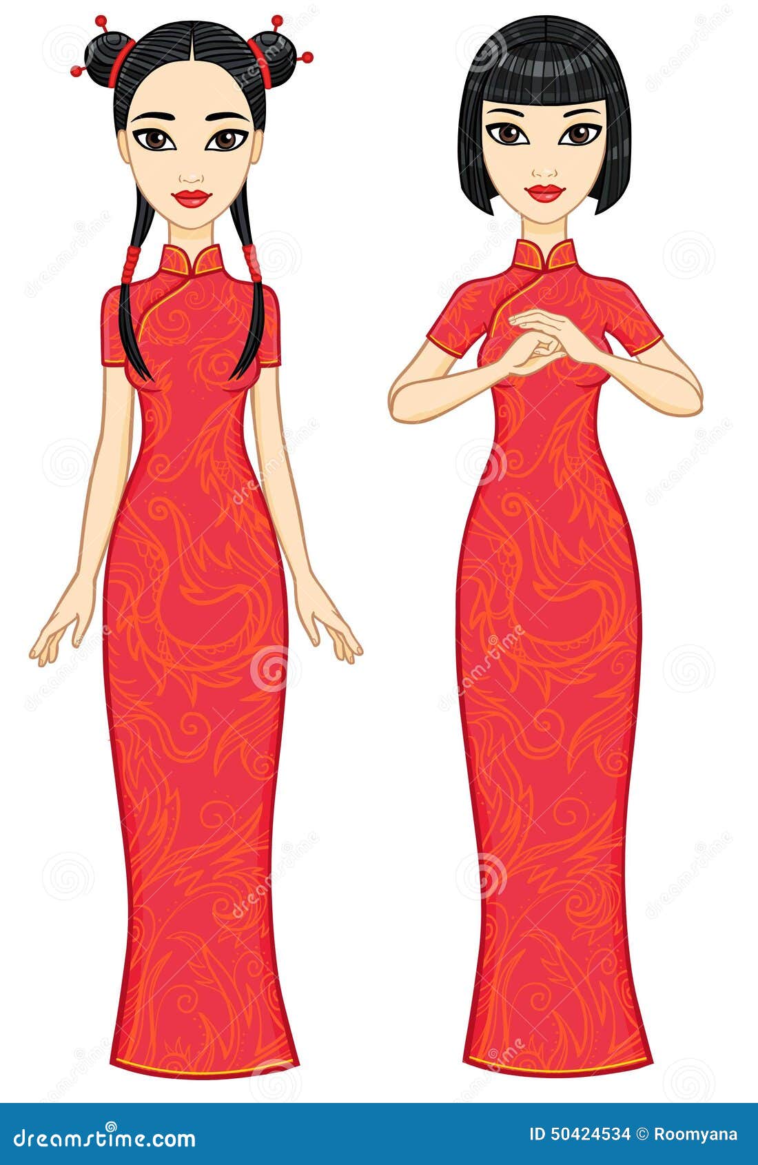The Animation Asian Girl In A Traditional Dress On A Mountain Landscape ...