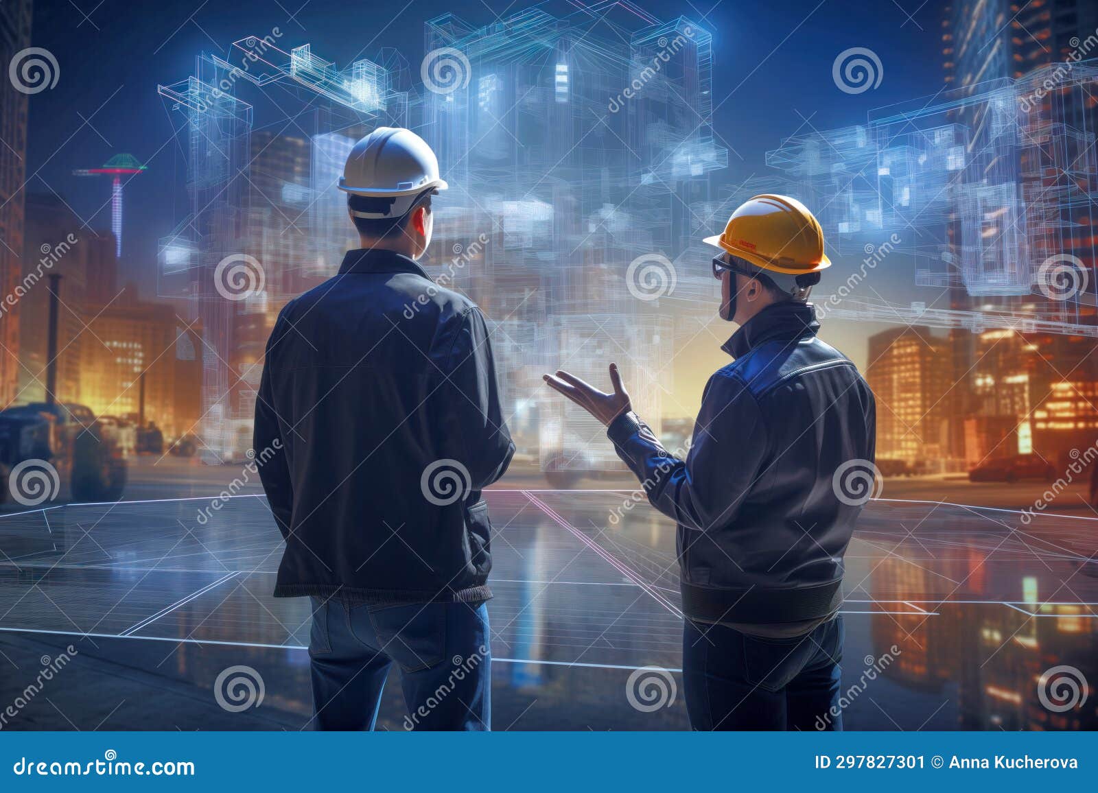 Two Architects Discussing Virtual Building Blueprints In A Cityscape ...