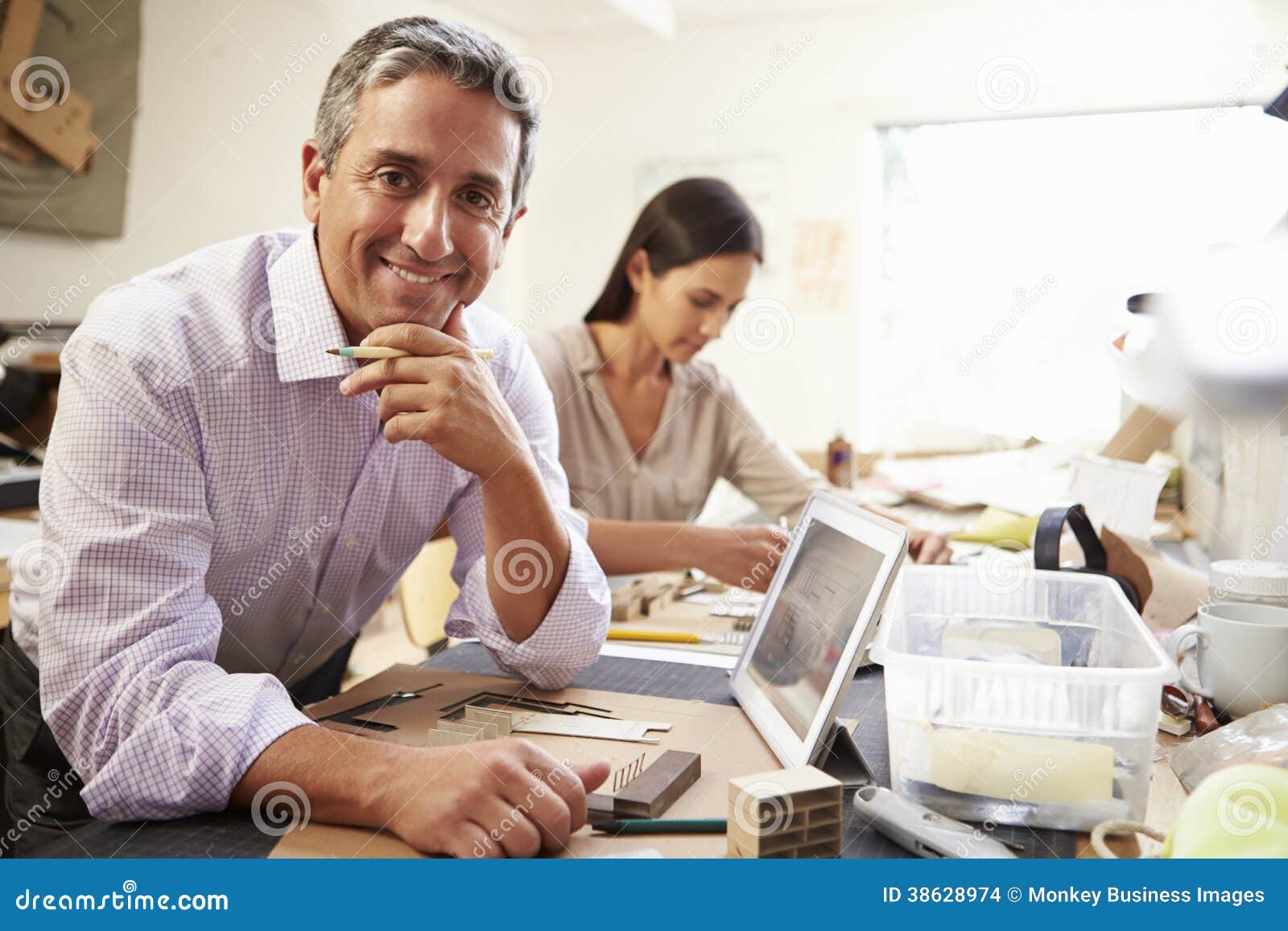 Two Architects Making Models in Office Using Digital Tablet Stock Photo ...