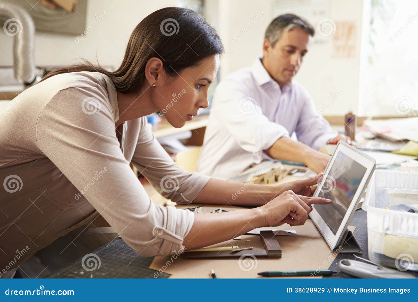 Two Architects Making Models in Office Using Digital Tablet Stock Image ...