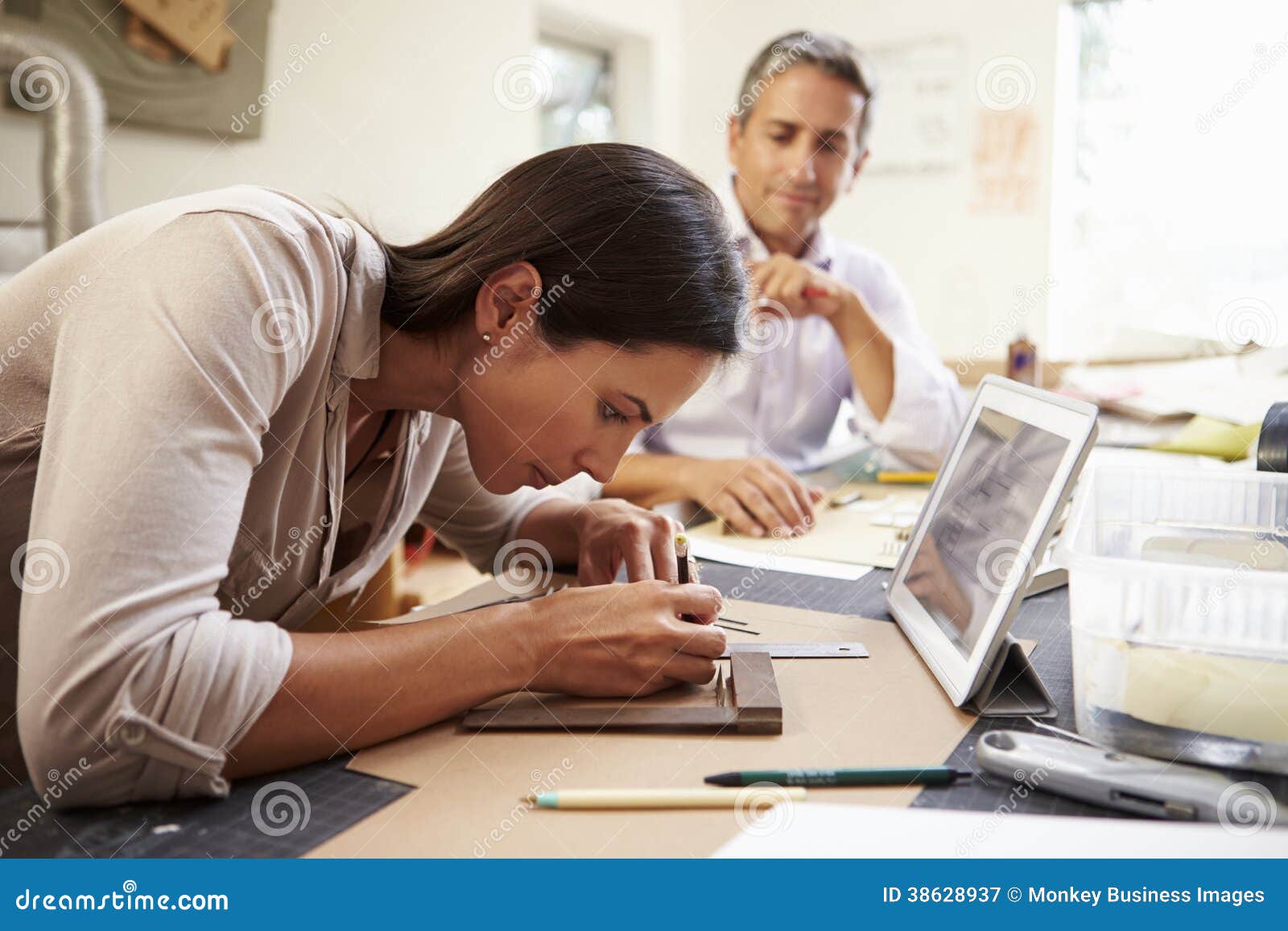 Two Architects Making Models in Office Using Digital Tablet Stock Image ...