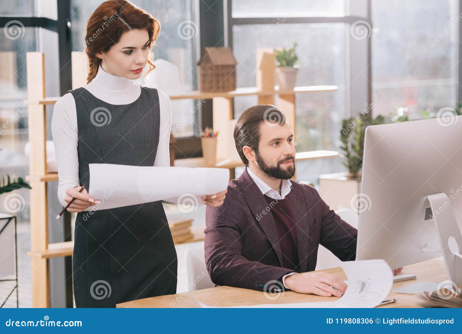Two Architects Working with Blueprints and Computer Stock Photo - Image ...