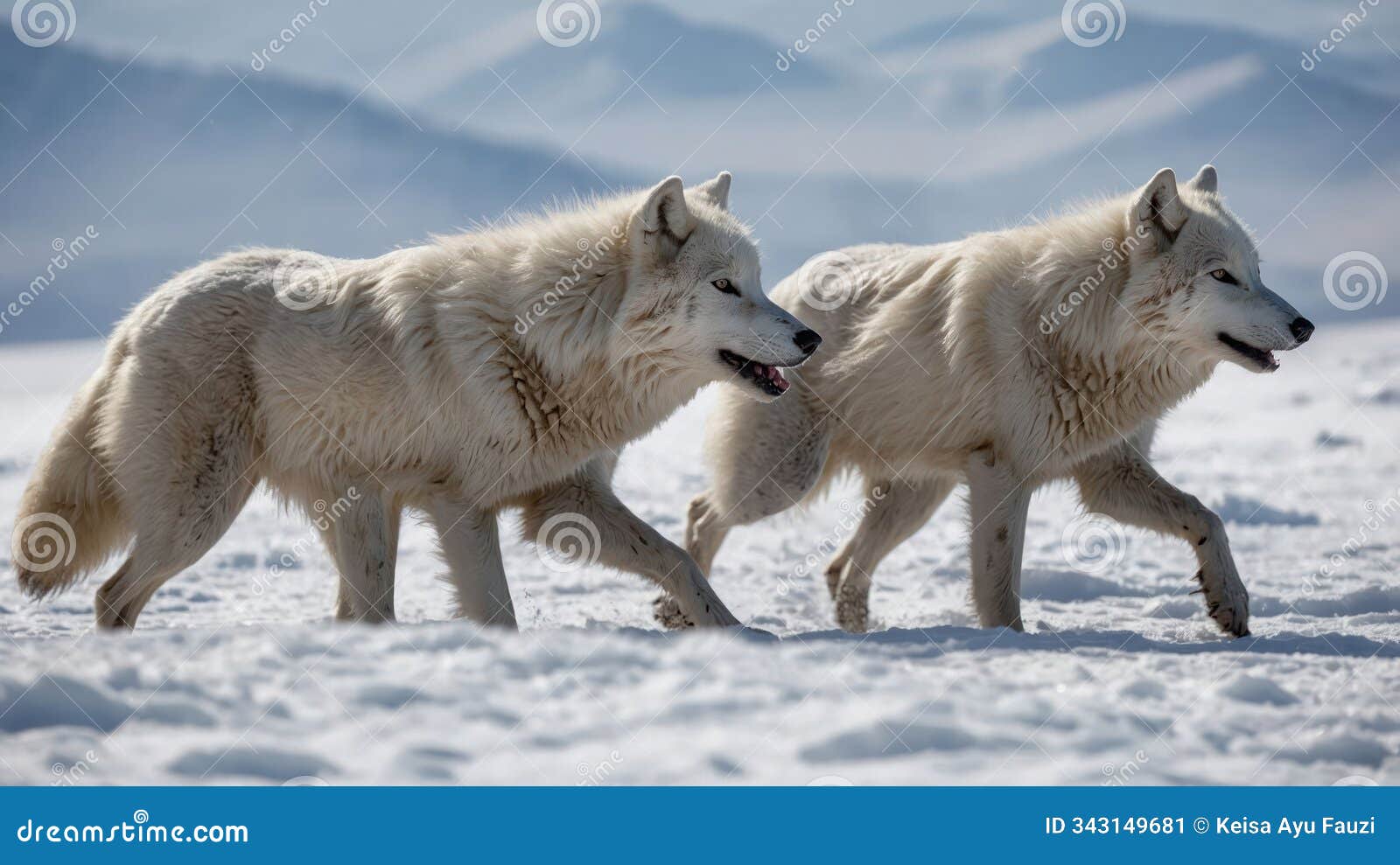 Two Arctic Wolves Walking through a Snowy Landscape with Mountains in ...