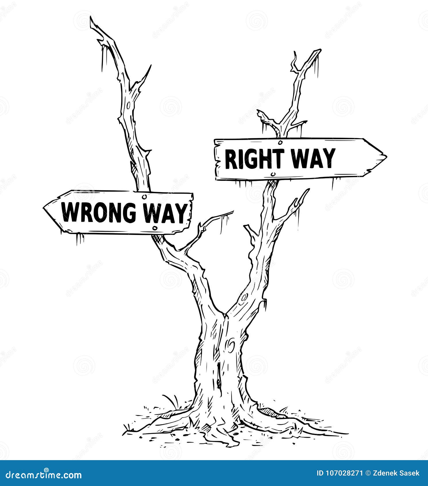 Two Arrow Sign Drawing of Wrong and Right Way on Dead Swamp Tree Stock ...