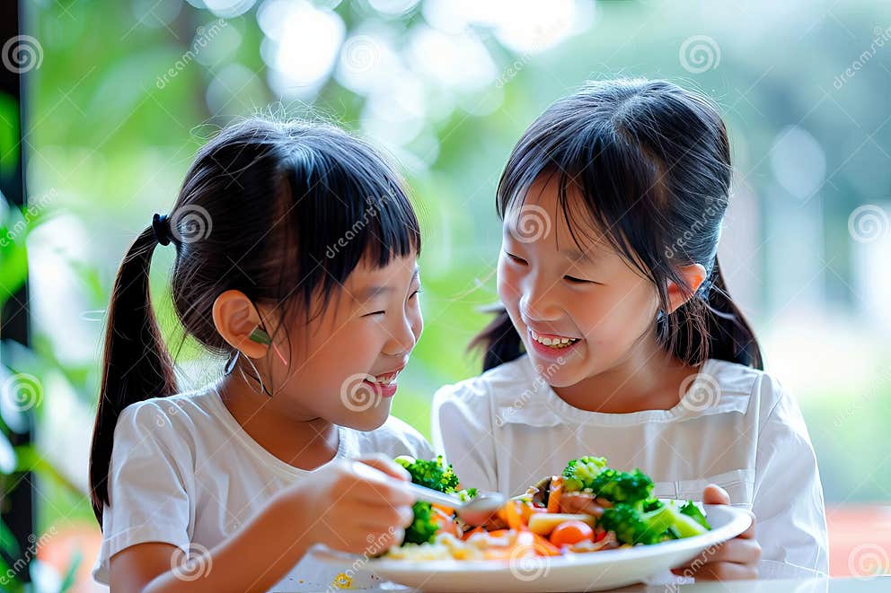 Two Asian Elementary School Students Happily Sharing a Meal Together ...